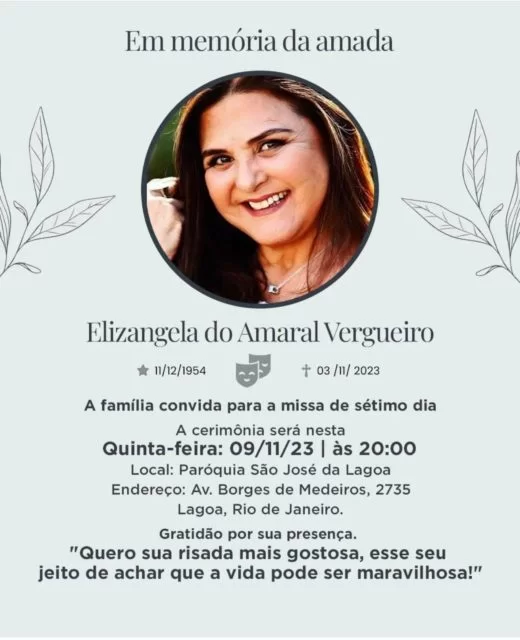 Confira o convite da missa de sétimo dia da atriz Elizangela | Viver ...
